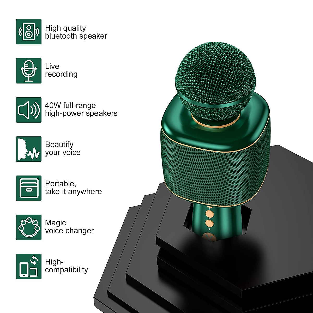 AsperX Karaoke Microphone, Wireless, Bluetooth, Portable, 5 in 1 Microphone with 40W Full Range Stereo Speaker for Singing, Suitable for Adults & Kids, Perfect for Birthday, Home Party (Green)