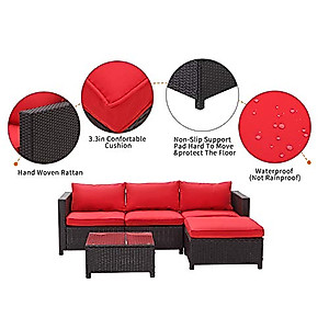 Patio Sofa Furniture Sets 5 Piece, Outdoor PE Wicker Rattan Conversation Sofa Set with Coffee Table, Wine Red (Black Rattan)
