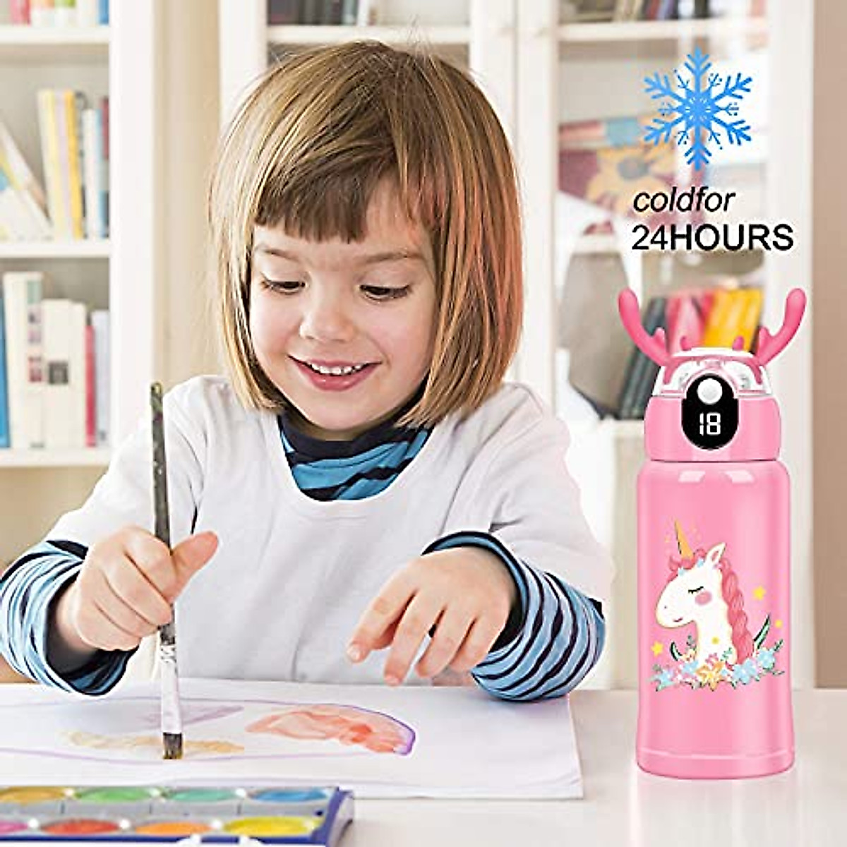 Temperature Display Kids Water Bottle，18 Oz，Straw Lid，Vacuum Insulated，316 Stainless Steel，Modern Double Walled Thermo Mug，Pink