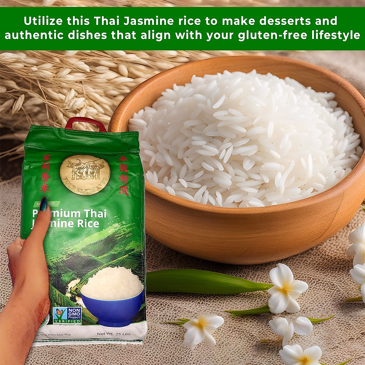 25 Pounds (LBS) Premium Thai Hom Mali Jasmine Rice | Endorsed By Pro Chefs | Four Elephants Brand | DIY Friendly Cooking Instructions Packaging
