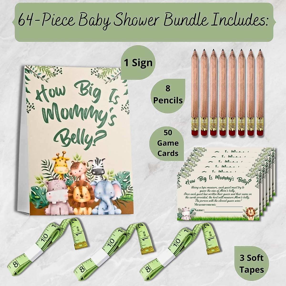 WillaBees Measure Mommys Belly Baby Shower Game How Big is Moms Belly? Game 62 Piece Safari Theme Baby Shower Bundle Include Sign 50 Playing Cards 8 Pencils 3 Baby Measuring Tape Baby Sprinkle