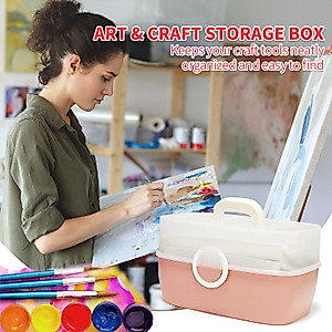 3-Layer Multipurpose Storage Box Organizer Folding Tool Box/Art & Crafts Case/Sewing Supplies Organizer/Medicine Box/Family First Aid Box with 2 Trays (Pink)