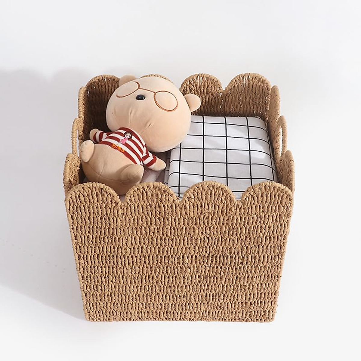 Scalloped Wicker Storage Cubes Basket, 12x12 Heavy Duty Hyacinth Baskets for Shelves, Foldable Natural Boho Square Bins (Renewable Paper Rope 4Pcs, 12x12in)