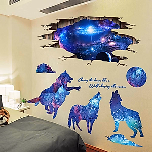 3D Blue Starry Sky Wolf Moon Wall Decals Removable PVC Magic 3D Milky Way Outer Space Planet Wall Sticker Peel Stick Home Decor for Kids Baby Bedroom Boys Girls Nursery Room Ceiling Living Room
