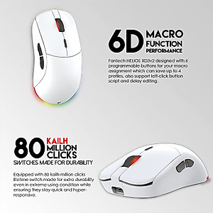 FANTECH Helios XD3 V2 Symmetrical Wireless RGB Gaming Mouse, PixArt 3370 19,000 DPI Kailh Switches 6 Programmable Buttons Professional Grade Small Size Mouse, Dual Modes Mouse, XD3V2 White