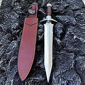 MADSABRE Fixed Blade Hunting Knife Saber with Leather Sheath, 15 Inches Outdoor Survival Tactical Knives, Double Edged Serrated Dagger Wood Handle