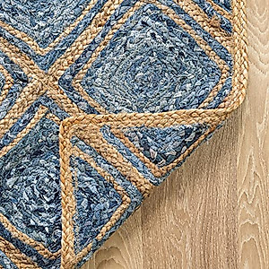 Unique Loom Braided Jute Collection Classic Quality Made Natural Hand Woven with Geometric Design Area Rug (9' 0 x 12' 0 Rectangular, Blue/ Natural)