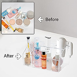 Sumerflos Acrylic Hair Tool Organizer, Hair Dryer Holder and Styling Tool Accessories Organizer for Toiletries, Bathroom Supplies Vanity Countertop Storage Blow Dryer, Makeup, Curling Iron - Clear