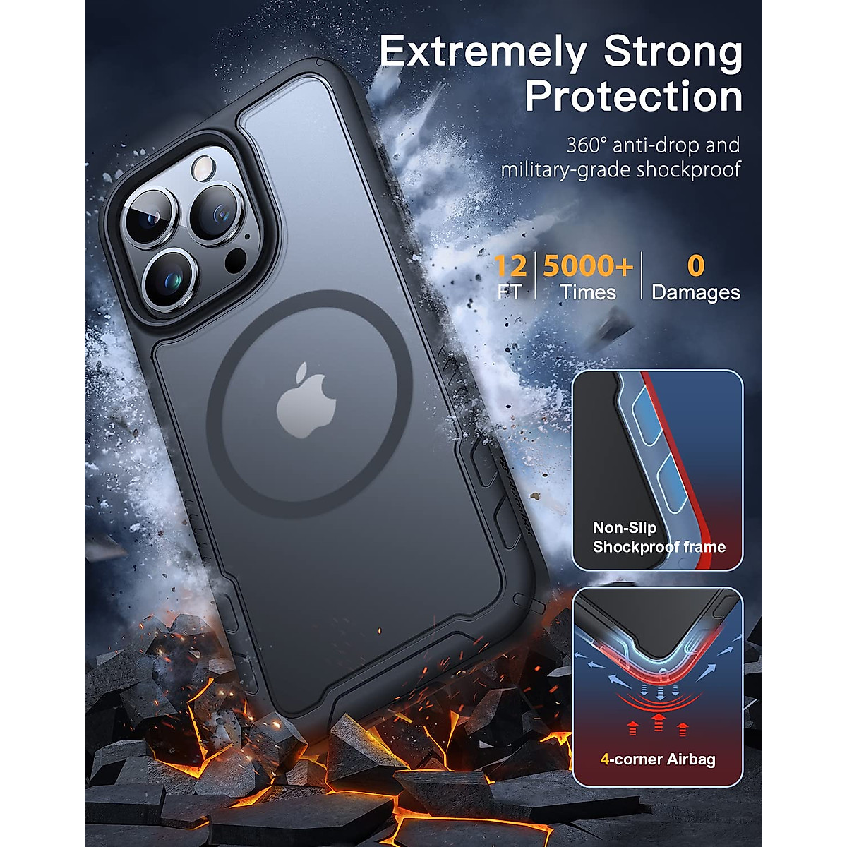 Humixx Magnetic Designed for iPhone 13 Pro Max Case, [12FT Mil-grade Drop Tested] [Compatible with MagSafe]Shockproof Translucent Matte Slim Protective Case for iPhone 13 Pro Max Phone Case 6.7" Black