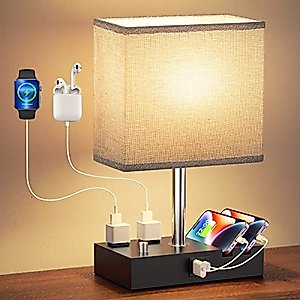 Kakanuo Fully Dimmable Nightstand Lamp for Bedroom with USB C Ports, Grey Small Bedside Table Lamp with Charging Outlets and Phone Stands, Wooden Desk Lamp for Living Room, LED Bulb Included