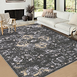 GarveeHome 8x10 Rug Washable Rugs for Living Room Bedroom Office Nursery Distressed Vintage Rug Tribal Medallion Rug Low Pile Oriental Soft Carpet Boho Rug Farmhouse Floor Cover Black