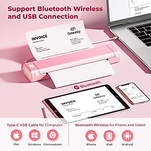 Portable Printers Wireless for Travel - Bluetooth Thermal Mobile Printer Support 8.5" X 11" Letter Size Thermal Paper, On the Go Inkless Portable Bluetooth Printer for Laptop, Phone and Ipad - Pink