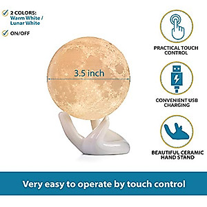 Mind-Glowing Moon Lamp with Ceramic Hand Stand - Warm & Lunar White Colors, Touch Control - Cool Night Light for Living Room, Bedroom - Unique Gift for Women (3.5 inch)