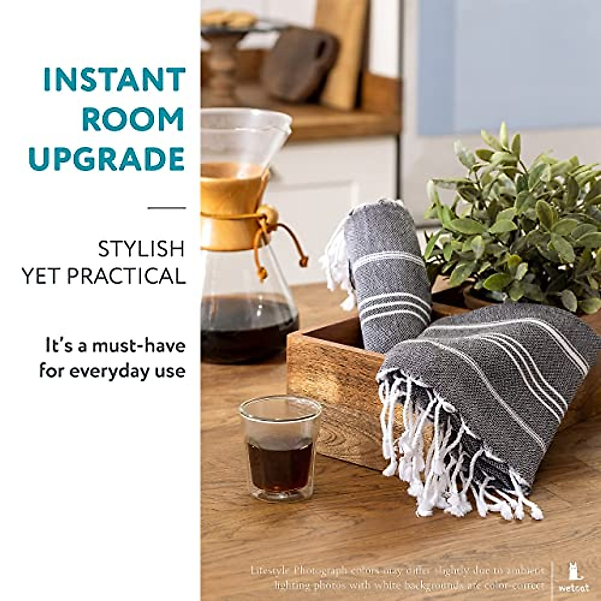 WETCAT Bundle: Turkish Hand Towels (20 x 30, Set of 2) and Turkish Bath Towel (38 x 71) - 100% Cotton, Prewashed for Soft Feel - Black and White Hand Towels & Black Bathroom Towels