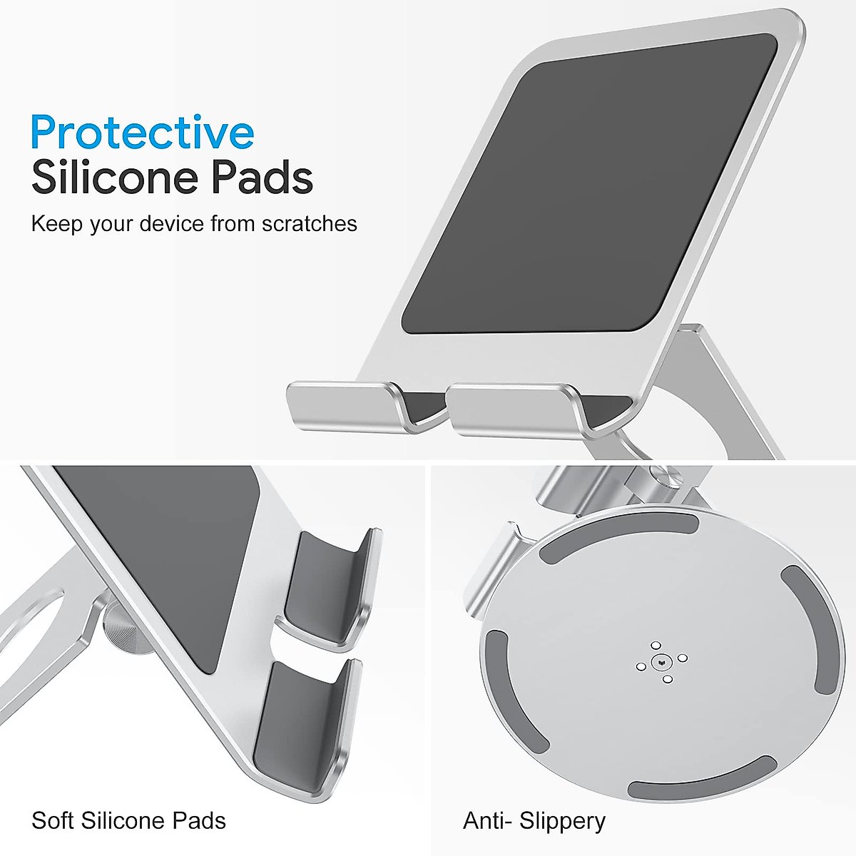 OMOTON Swivel Tablet Stand for iPad with 360 Rotating Base, Foldable Adjustable Holder for Drawing, Compatible with iPad Pro/Air/Mini and More, Silver