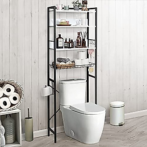 CAPHAUS Over The Toilet Storage, 4-Tier Bathroom Organizer, Freestanding Toilet Shelf, Multifunctional Space Saver Toilet Rack with 4 Hooks, Laundry Organizer, Plant Stand for Balcony (Marble White)
