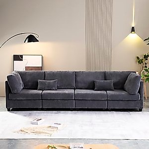 Eafurn Convertible Modular Sectional Sofa Set, Free Combinational Corner Couch, Corduroy Upholstered Deep Seat Comfy Sofa&Couches with Solid Wood Legs for Living Room Apartment, Gray 126.38"