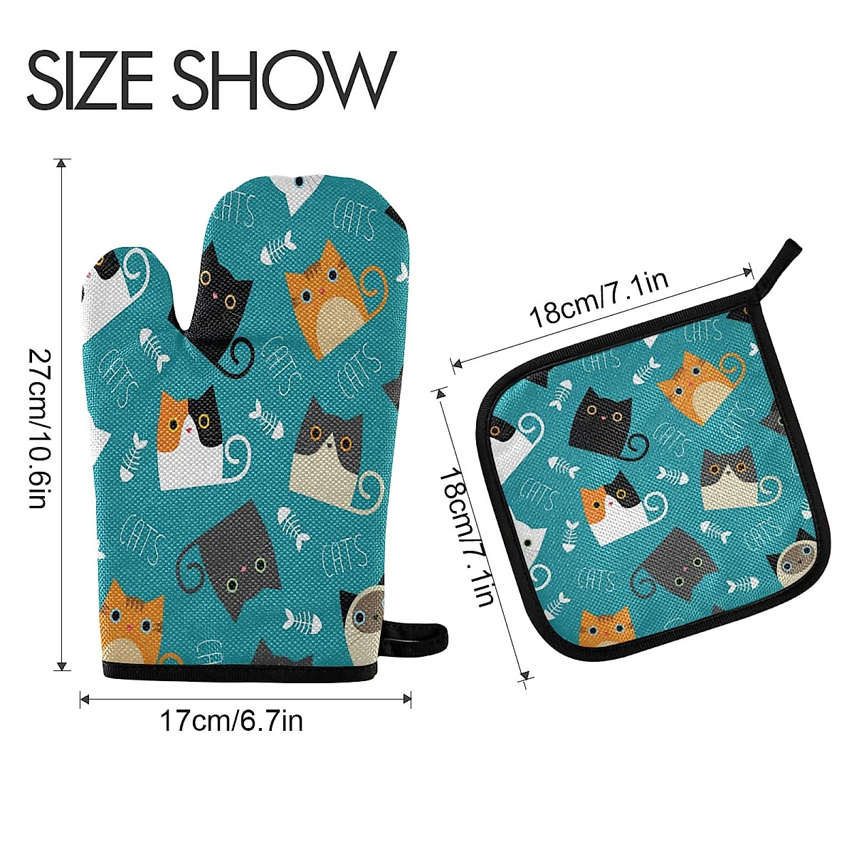 Oven Mitt Pot Holder Set Colorful Cute Cat Fishbone Pattern Heat Resistant Quilted Oven Glove Kitchen Hot Pad for Cooking Grilling Christmas Machine Washable