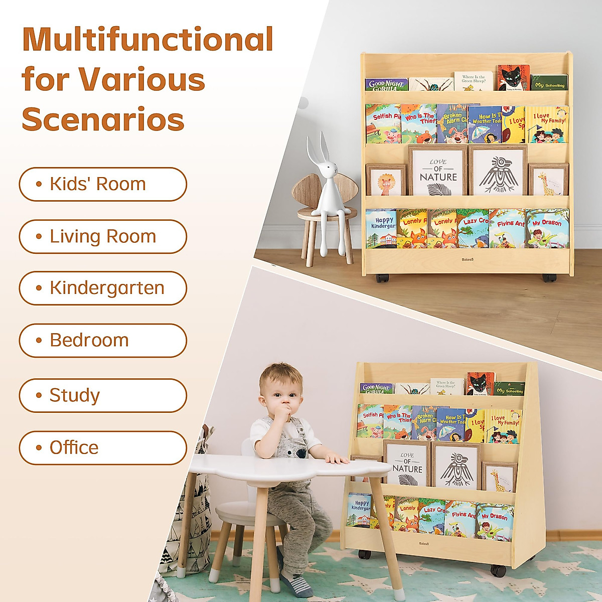 Double-Sided Bookshelf with Wheels, Wooden 4-Layer Toddler Bookshelf, Children's Magazine Storage Shelf, Ideal for Playrooms, Bedrooms, Study Rooms, Living Rooms