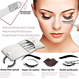 PAFASON Eyebrow Tweezers Set with Premium PU Leather Travel Case-Professional Stainless Steel & High Precision Tweezer Kit for Eyebrow Facial Hair Removal Ingrown Hair Splinter Eyelash for Women & Men