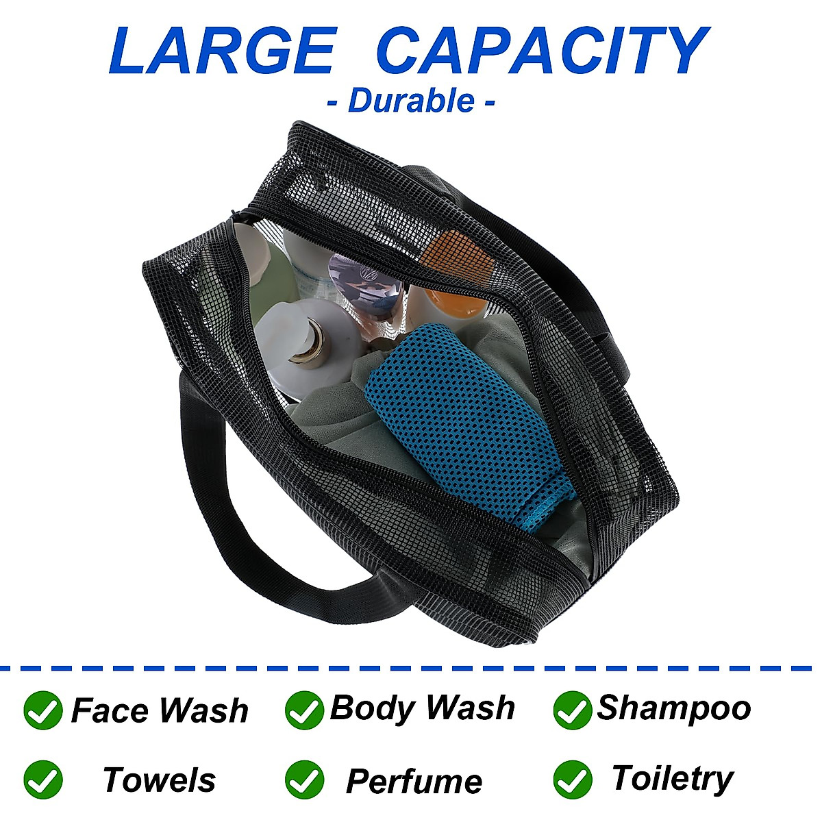 Molain Mesh Shower Caddy Portable Toiletry Tote Organizer Tote Gym Bag for College Dorm Bathroom (Black Large)