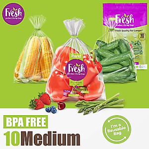 Xtend Fresh Produce Bags for Fridge Storage, 10 Reusable Bags (Medium size 0.5 gallon), Science Based Technology Keeps Fruits, Vegetables, & Herbs Fresh Longer