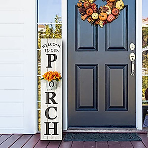 Glitzhome 42"H Wooden Welcome Porch Sign for Front Door with Cute Metal Hanging Planter, Washed White