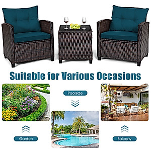 HAPPYGRILL 3 Pieces Patio Furniture Set Outdoor Furniture Rattan Wicker Chairs and Table Set, Balcony Porch Conversation Set with Washable Cushions & Tempered Glass Coffee Table (Blue)