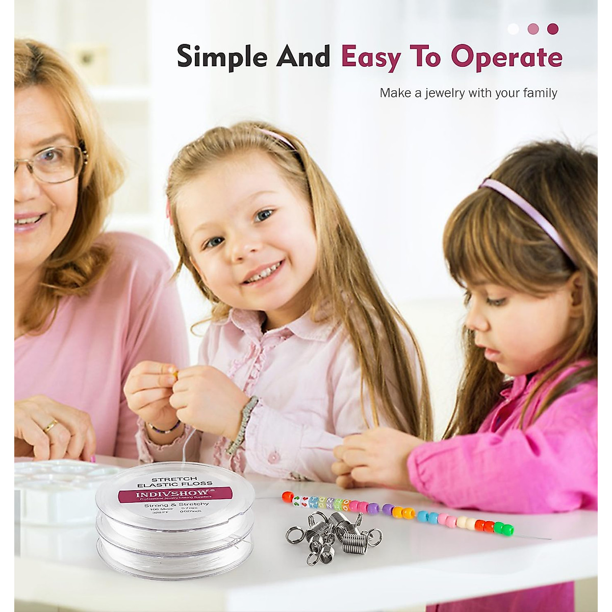 INDIVSHOW Elastic Bracelet String Cord Stretch Bead Cord with 6pcs Bead Stoppers and 1pc Big Eye Beading Needle for Jewelry Making and Bracelet Making White