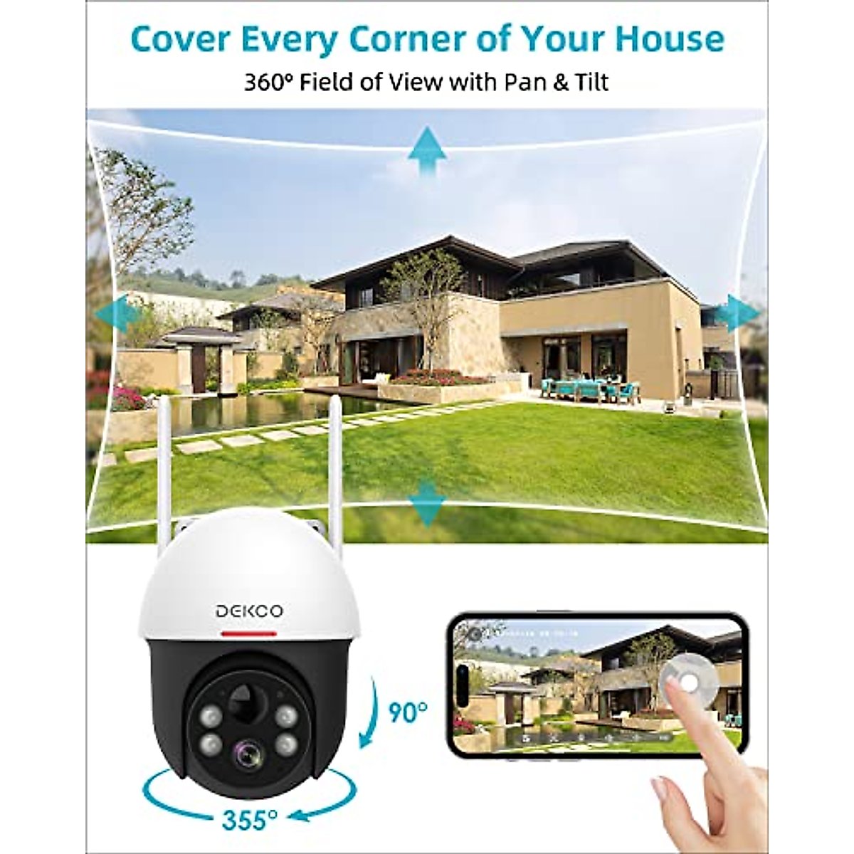 DEKCO 【New Version】 5MP UHD Solar Security Camera Wireless Outdoor, Home Security System with Spotlights, Night Vision, Pan Tilt 360° View, 2-Way Audio, Human Detection, Connect to 2.4Ghz WiFi DC9P