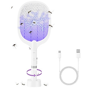 Electric Fly Swatter Rechargeable 4000V High-Volt Bug Zapper Racket, 2-in-1 Detachable Bug Swatter Mosquito Killer with Purple Light & 3-Layer Safety Nets Portable Fly Zapper for Indoor Outdoor