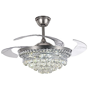 Clody 42'' Crystal Fandelier Ceiling Fan with Lights, Modern Chandelier Ceiling Fans with 3 Color LED Panel 6 Speed Quiet Motor Retractable and Reversible Blades Fan for Indoor