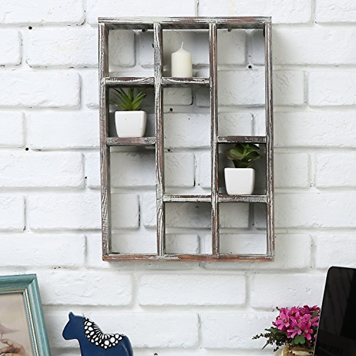 MyGift Rustic Shadow Box, 9-Compartment Torched Wooden Freestanding & Wall Mountable Knickknack Display Shelf, Curio Shelves