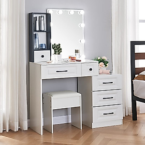 saicheng Vanity Desk with Mirror and Lights-3 Color and Brightness Adjustable, Vanity Set with Drawers and Chair, White Makeup Vanity Table for Girls