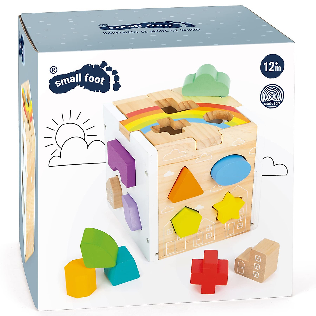 Wooden Rainbow Shape Sorter Cube – Sorting Toy with 13 Geometric Shapes & Removable Lid – Educational Game for Dexterity & Fine Motor Skills – Teaches Counting, Shapes and Colors – Ages 12+ Months