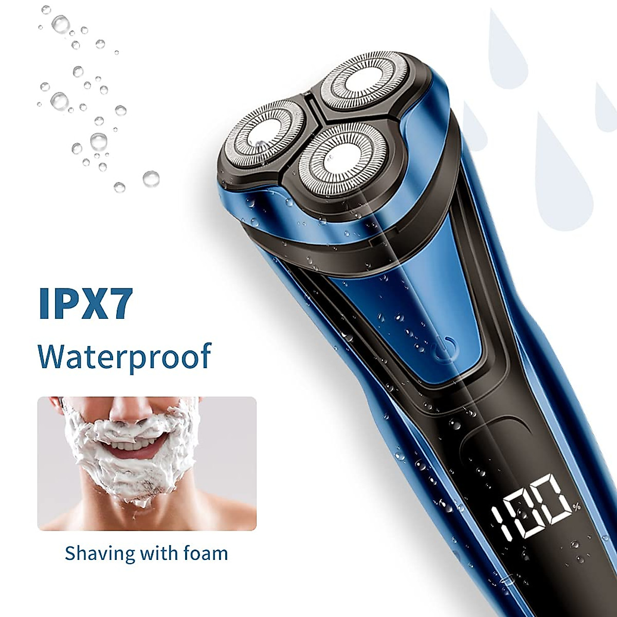 Electric Razor for Men Rotary Shaver Pop-up Beard Trimmer with LCD Display and Rechargeable Cordless Waterproof Blue