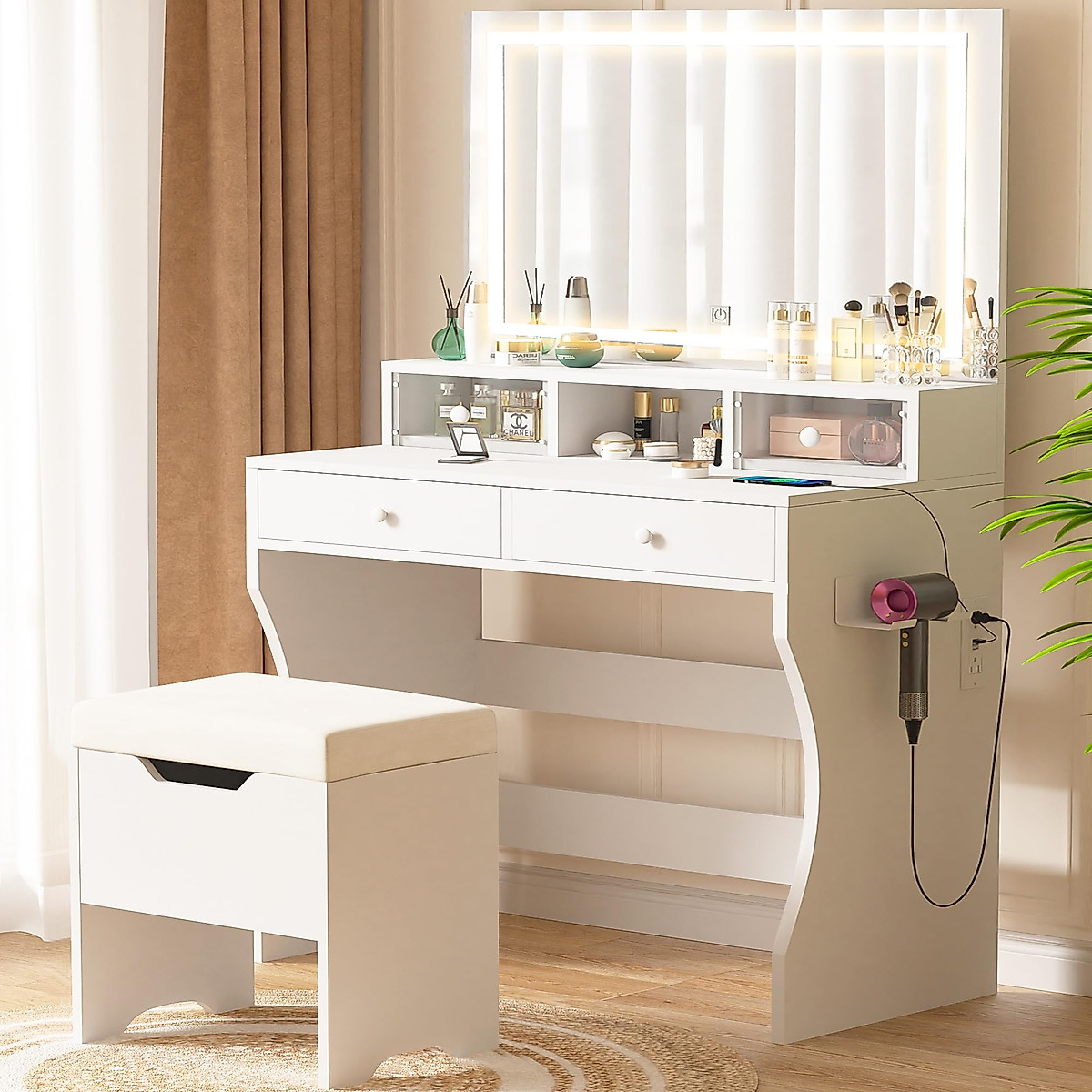 VECELO Vanity Desk with LED Lighted Mirror and Power Outlet, Makeup Table with 4 Drawers and Storage Stool, Adjustable 3 Lighting Modes for Bedroom, Dressing Room, White