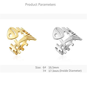 Dtja Punk Fish Bone Open Band Rings for Women Stainless Steel Statement High Polished Skeleton Comfort Fit Tarnish Resistant Exquisite Expandable Ring Personalized Jewelry (Gold 6)