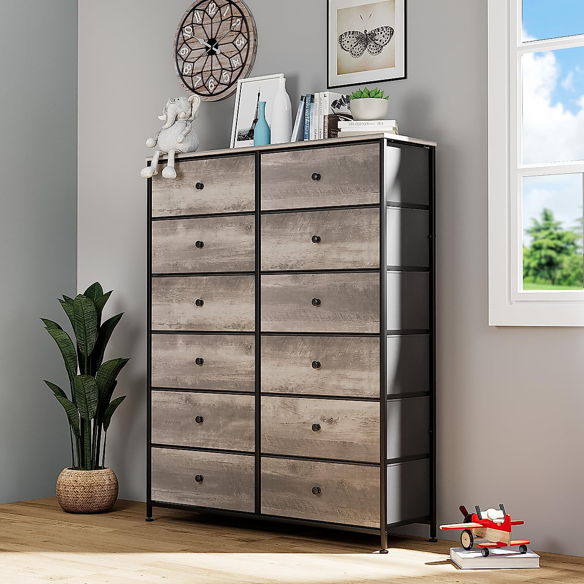 Arlopu 12-Drawer Dresser, 35.2’‘ Widened 6-Layer Fabric Storage Tower w/Textured Print Fabric Bins, Tall Chest Organizer Unit for Living Room, Hallway, Nursery, Closets, Adjustable Feetpad