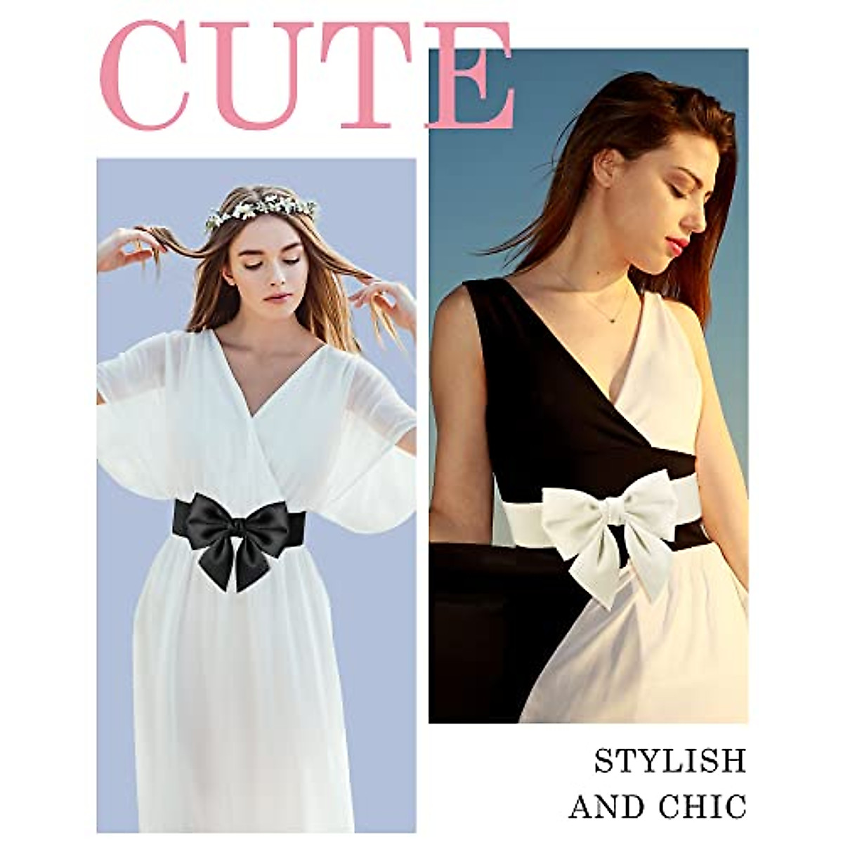 Brighoo 2 Pieces Wide Elastic Belt Women's Bowknot Belt Ladies Stretchy Bow Belt for Valentine's Day Women Dresses (Black, White)