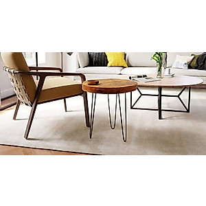 HEFT Solid Teak Wood Round Side Table - Handcrafted Circle Coffee Table for Living Room, Bedside, Office - Modern Accent Furniture with Lichtenberg Patterns - Black Metal Frame & Legs - Large