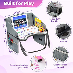 Kids Travel Tray for Car Seat with Dry Erase, Cup/iPad/Holder, 16x12 (Gray)