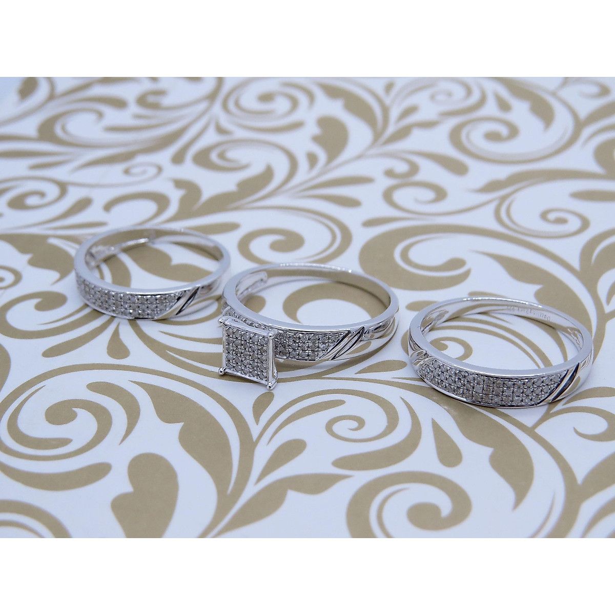 Dazzlingrock Collection Round White Diamond Engagement Ring Trio Ring Set for Unisex (0.65 ctw) in 925 Sterling Silver, W-7 and M-10