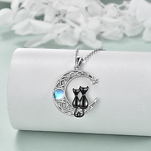 VONALA Celtic Moon Cat Necklace for Women Sterling Silver 2 Black Cat Jewelry Women Two Cat Necklace for Cat Lovers