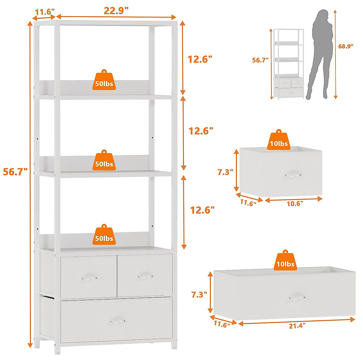 Furnulem White Bookshelf 4 Tier Wood Bookcase with 3 Fabric Drawers, 59" Tall Display Standing Shelf Unit for Living Room,Bedroom,Office,Kitchen,Balcony(White)