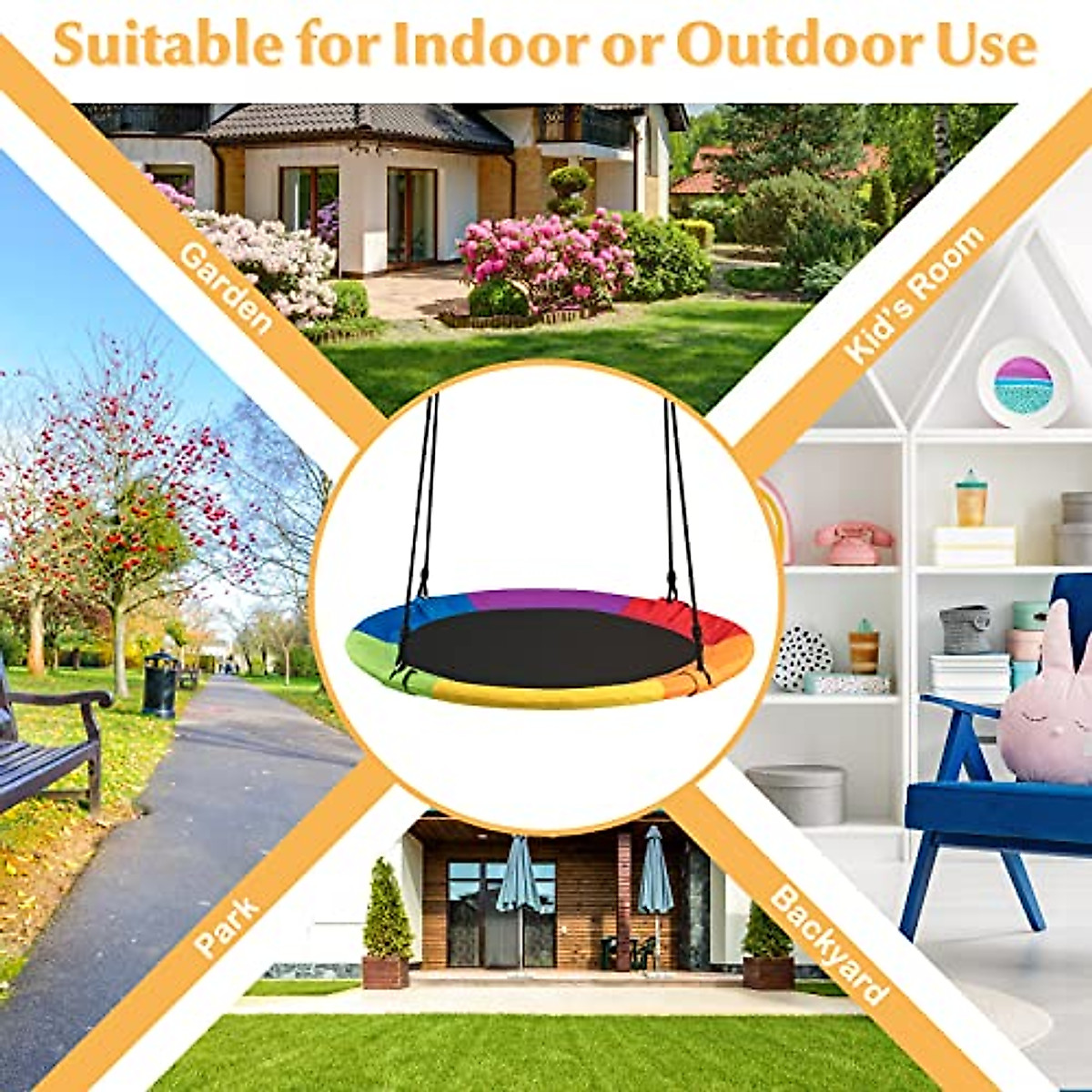 ARLIME 40" Saucer Tree Swing, Outdoor Swing Seat for Kids and Adults, Colourful Round Swing with Adjustable Ropes, Large Waterproof Disc Swing for Tree, Playground, Backyard