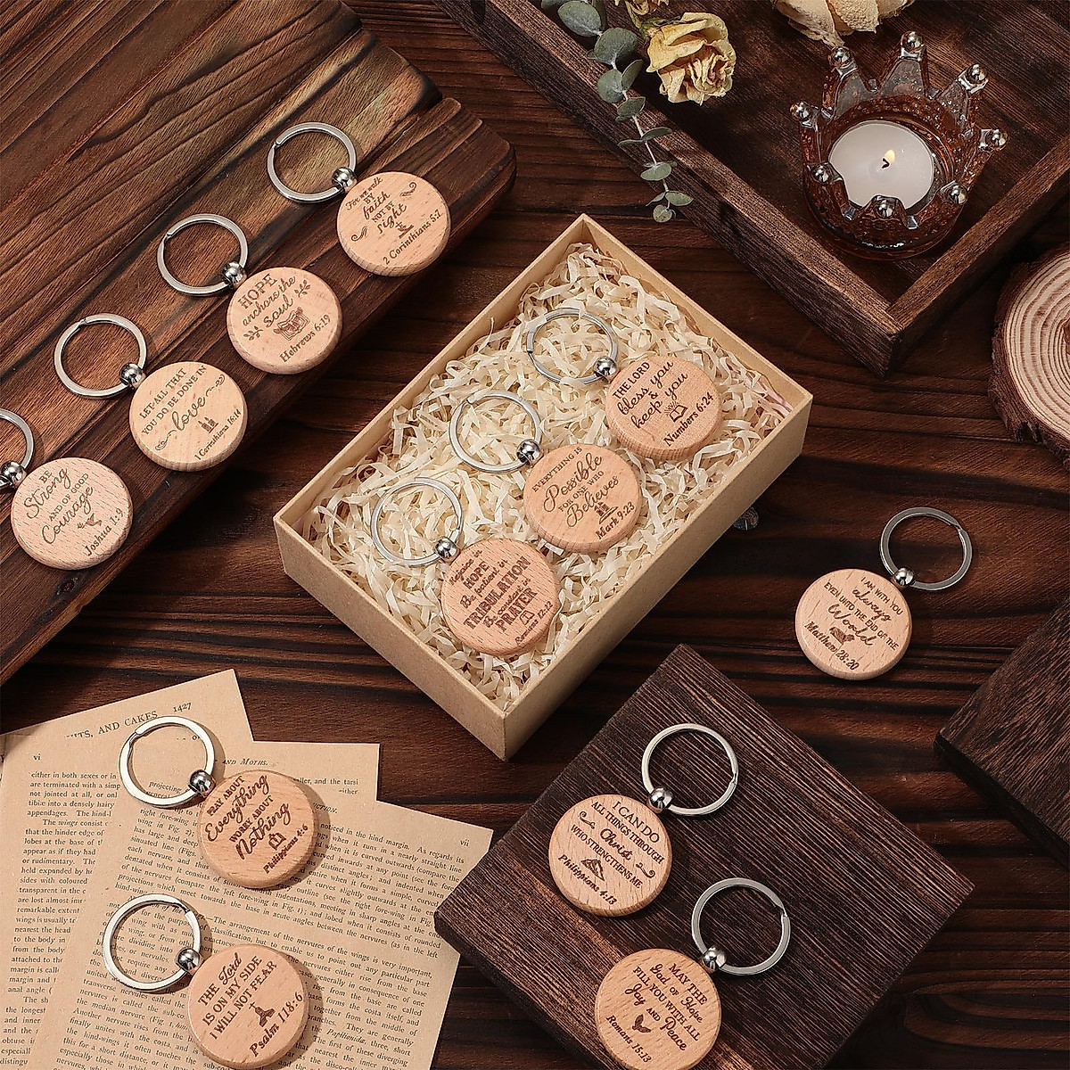 Siifert 60 Pcs Christian Keychain Bulk Religious Bible Verse Inspirational Wooden Quotes Keychain for Women Men Church(Vivid Style)
