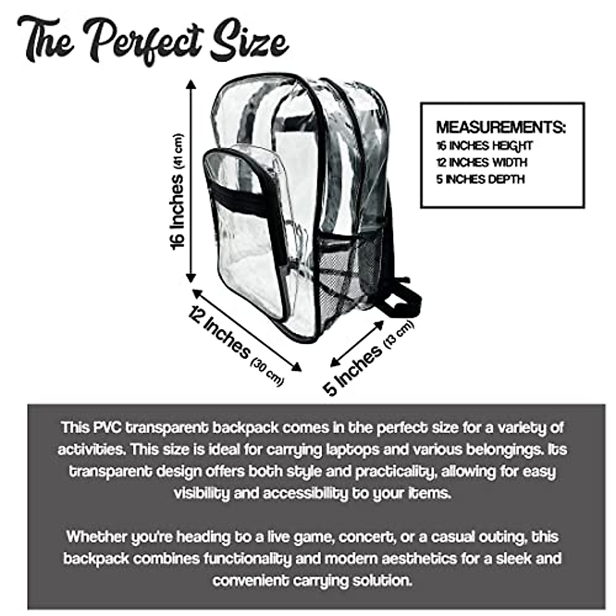 Winterlace 12 Pack 16" Clear Backpack Transparent Heavy Duty Water Resistant PVC for Sports, Stadiums, Festivals, Concerts (3 Assorted Styles)