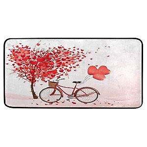 Kitchen Rugs Red Love Heart Bicycle Valentine's Day Design Non-Slip Soft Kitchen Mats Bath Rug Runner Doormats Carpet for Home Decor, 39" X 20"