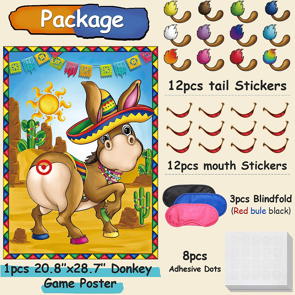 Zonon Pin The Tail on The Donkey Mexican Donkey Game, Mexican Fiesta Decorations, Taco Party Supplies, Poster with Blindfolds and Stickers Mexican Fiesta Birthday Carnival Party Decorations